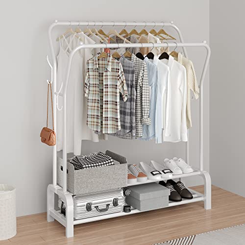 ACCSTORE Garment Rack Drying Rack Freestanding Hanger Double Rails Bedroom Clothing Rack with 2-Tier Lower Storage Shelf,White