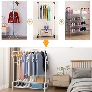 ACCSTORE Garment Rack Drying Rack Freestanding Hanger Double Rails Bedroom Clothing Rack with 2-Tier Lower Storage Shelf,White