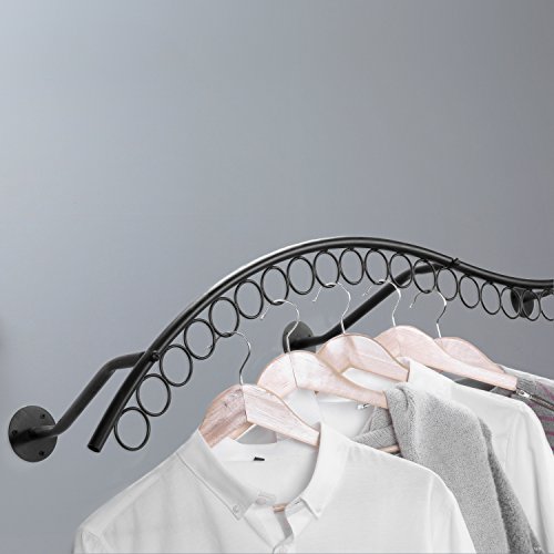 MyGift Wall Mounted Black Metal Single Rod Garment Clothing Rack with 29 Hanger Rings and Wave Design, Professional Retail Clothes Display Rack