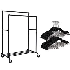 songmics industrial-style pipe clothes rack bundle with 30 clothes hangers, rolling garment rack with bottom storage shelf, velvet hangers with adjustable clips, black uhsr60b and ucrf12b30