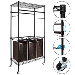 Knocbel Garment Rack Clothes Wardrobe Rolling Cart with Height Adjustable Hanging Bars Swing Arms, 3-Section Laundry Sorter Hampers, Storage Shelf, 4 Detachable Wheels (Black)