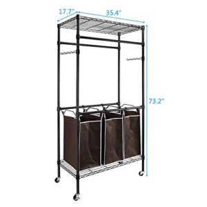 Knocbel Garment Rack Clothes Wardrobe Rolling Cart with Height Adjustable Hanging Bars Swing Arms, 3-Section Laundry Sorter Hampers, Storage Shelf, 4 Detachable Wheels (Black)