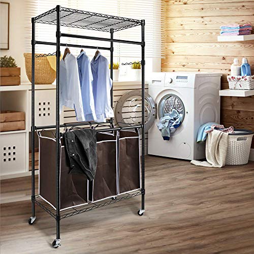 Knocbel Garment Rack Clothes Wardrobe Rolling Cart with Height Adjustable Hanging Bars Swing Arms, 3-Section Laundry Sorter Hampers, Storage Shelf, 4 Detachable Wheels (Black)