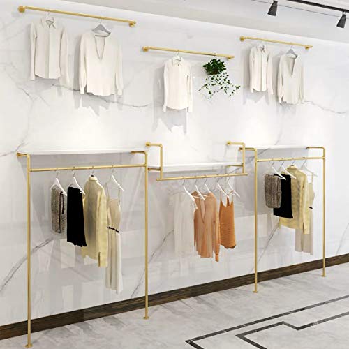 Ethemiable Simple Metal Wood Clothing Store Display Stands, Entrance Porch Organization Hanging Garment Rack,Wall Mounted Storage Clothes Shoe Bag Pipe Shelf, Home Bookcase Towel Rack (Gold, 47.2" L)