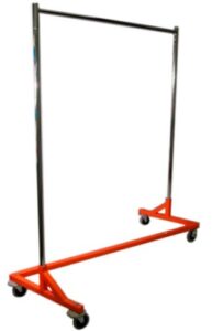 deluxe commercial grade rolling z rack garment rack with nesting osha safety orange base, 400lb capacity, single bar and adjustable height chrome uprights