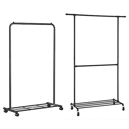 SONGMICS Industrial Clothes Rack and Double Hanging Rack Bundle, Clothing Racks with Storage Shelves, Heavy Duty Storage Racks on Wheels, Home or Commercial, Black UHSR25BK and UHSR62BK