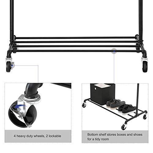 SONGMICS Industrial Clothes Rack and Double Hanging Rack Bundle, Clothing Racks with Storage Shelves, Heavy Duty Storage Racks on Wheels, Home or Commercial, Black UHSR25BK and UHSR62BK