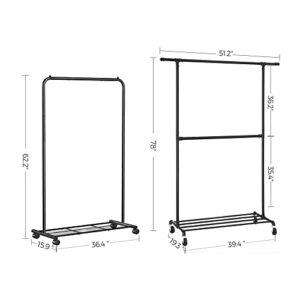 SONGMICS Industrial Clothes Rack and Double Hanging Rack Bundle, Clothing Racks with Storage Shelves, Heavy Duty Storage Racks on Wheels, Home or Commercial, Black UHSR25BK and UHSR62BK