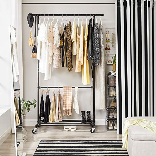 SONGMICS Industrial Clothes Rack and Double Hanging Rack Bundle, Clothing Racks with Storage Shelves, Heavy Duty Storage Racks on Wheels, Home or Commercial, Black UHSR25BK and UHSR62BK