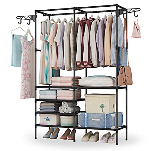 KOCASO Garment Rack,Clothes Rack Shoe Clothing Organizer Shelves,Freestanding Clothes Wardrobe with 2 Hanging Rods & 360° Roatation Hooks,Coated Iron Frame,66.1x42.1x14.2in,Load Capacity 350lbs