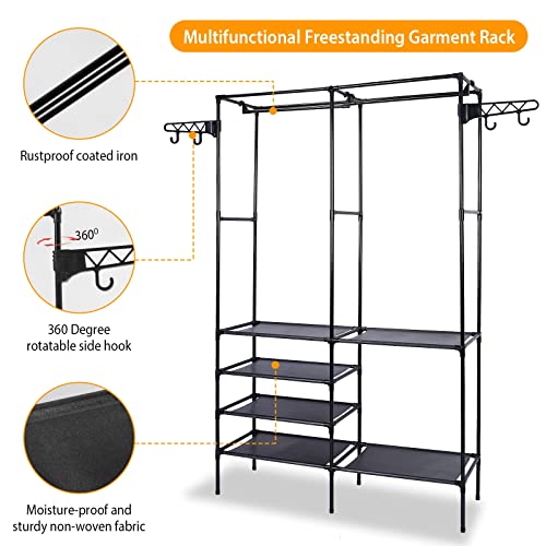 KOCASO Garment Rack,Clothes Rack Shoe Clothing Organizer Shelves,Freestanding Clothes Wardrobe with 2 Hanging Rods & 360° Roatation Hooks,Coated Iron Frame,66.1x42.1x14.2in,Load Capacity 350lbs