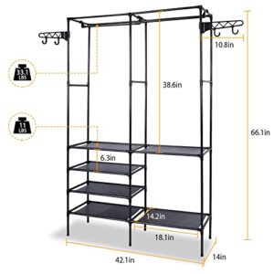 KOCASO Garment Rack,Clothes Rack Shoe Clothing Organizer Shelves,Freestanding Clothes Wardrobe with 2 Hanging Rods & 360° Roatation Hooks,Coated Iron Frame,66.1x42.1x14.2in,Load Capacity 350lbs