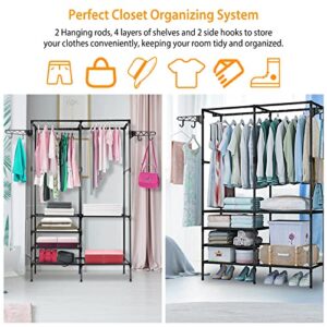 KOCASO Garment Rack,Clothes Rack Shoe Clothing Organizer Shelves,Freestanding Clothes Wardrobe with 2 Hanging Rods & 360° Roatation Hooks,Coated Iron Frame,66.1x42.1x14.2in,Load Capacity 350lbs