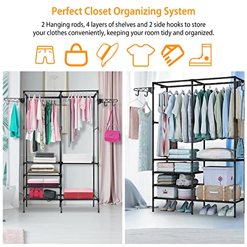 KOCASO Garment Rack,Clothes Rack Shoe Clothing Organizer Shelves,Freestanding Clothes Wardrobe with 2 Hanging Rods & 360° Roatation Hooks,Coated Iron Frame,66.1x42.1x14.2in,Load Capacity 350lbs