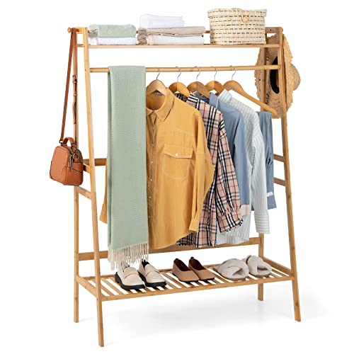 Tangkula Bamboo Clothing Rack with Storage Shelves, Freestanding Garment Rack with Top Shelf, Shoe Rack, 2 Hooks, Heavy-duty Clothing Storage Organizer for Bedroom, Entryway, Living Room, Natural