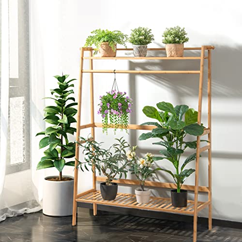 Tangkula Bamboo Clothing Rack with Storage Shelves, Freestanding Garment Rack with Top Shelf, Shoe Rack, 2 Hooks, Heavy-duty Clothing Storage Organizer for Bedroom, Entryway, Living Room, Natural