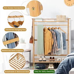 Tangkula Bamboo Clothing Rack with Storage Shelves, Freestanding Garment Rack with Top Shelf, Shoe Rack, 2 Hooks, Heavy-duty Clothing Storage Organizer for Bedroom, Entryway, Living Room, Natural