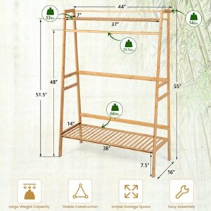 Tangkula Bamboo Clothing Rack with Storage Shelves, Freestanding Garment Rack with Top Shelf, Shoe Rack, 2 Hooks, Heavy-duty Clothing Storage Organizer for Bedroom, Entryway, Living Room, Natural