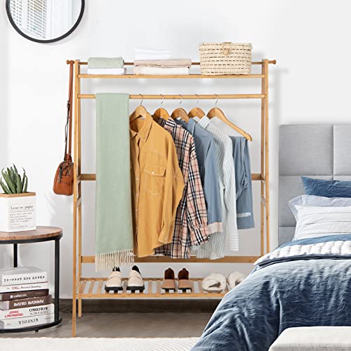 Tangkula Bamboo Clothing Rack with Storage Shelves, Freestanding Garment Rack with Top Shelf, Shoe Rack, 2 Hooks, Heavy-duty Clothing Storage Organizer for Bedroom, Entryway, Living Room, Natural