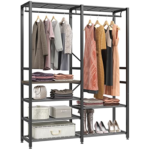 Timate P7 Garment Rack 6 Tier Clothes Rack Freestanding Wire Shelving Heavy Duty Wardrobe Closet Organizer Storage Black Metal Shelves with Dark Walnut Wooden Board, 2 Hanging Rods, Max Load 485lbs