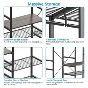 Timate P7 Garment Rack 6 Tier Clothes Rack Freestanding Wire Shelving Heavy Duty Wardrobe Closet Organizer Storage Black Metal Shelves with Dark Walnut Wooden Board, 2 Hanging Rods, Max Load 485lbs