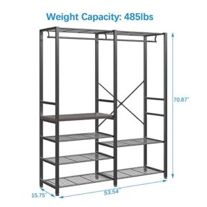 Timate P7 Garment Rack 6 Tier Clothes Rack Freestanding Wire Shelving Heavy Duty Wardrobe Closet Organizer Storage Black Metal Shelves with Dark Walnut Wooden Board, 2 Hanging Rods, Max Load 485lbs