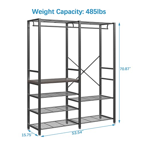 Timate P7 Garment Rack 6 Tier Clothes Rack Freestanding Wire Shelving Heavy Duty Wardrobe Closet Organizer Storage Black Metal Shelves with Dark Walnut Wooden Board, 2 Hanging Rods, Max Load 485lbs