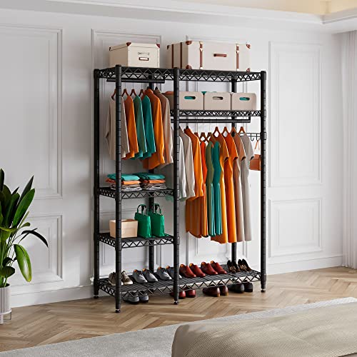 PUNION Wire Garment Rack, Heavy Duty Clothes Rack for Hanging Clothes, Metal Clothing Rack, Compact Freestanding Wardrobe Closet with Shelves Racks