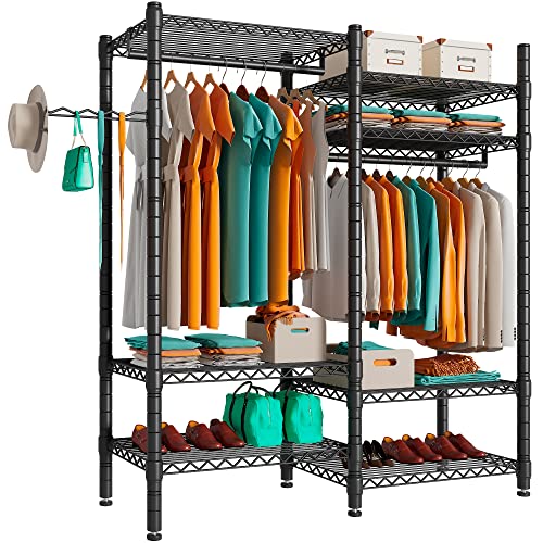 PUNION Wire Garment Rack, Heavy Duty Clothes Rack for Hanging Clothes, Metal Clothing Rack, Compact Freestanding Wardrobe Closet with Shelves Racks