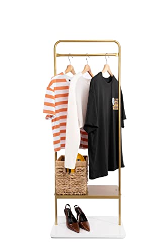 VEGAINDOOR Heavy-Duty Sturdy Clothes Rack with Wood & Metal Shelf , Freestanding Clothing Rack , Single Rod Garment Rack , Easy to Assemble Portable Clothes Rail , Storage Solution for Small Spaces