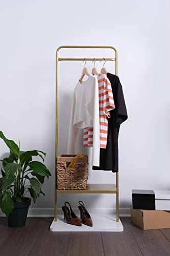 VEGAINDOOR Heavy-Duty Sturdy Clothes Rack with Wood & Metal Shelf , Freestanding Clothing Rack , Single Rod Garment Rack , Easy to Assemble Portable Clothes Rail , Storage Solution for Small Spaces