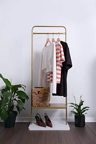 VEGAINDOOR Heavy-Duty Sturdy Clothes Rack with Wood & Metal Shelf , Freestanding Clothing Rack , Single Rod Garment Rack , Easy to Assemble Portable Clothes Rail , Storage Solution for Small Spaces