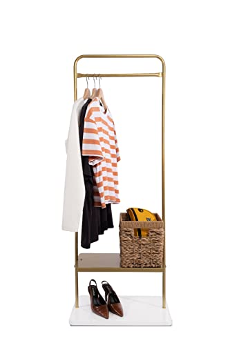 VEGAINDOOR Heavy-Duty Sturdy Clothes Rack with Wood & Metal Shelf , Freestanding Clothing Rack , Single Rod Garment Rack , Easy to Assemble Portable Clothes Rail , Storage Solution for Small Spaces