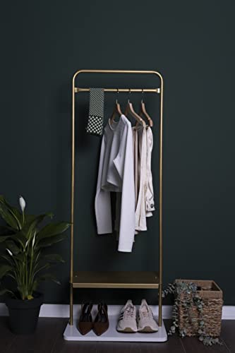 VEGAINDOOR Heavy-Duty Sturdy Clothes Rack with Wood & Metal Shelf , Freestanding Clothing Rack , Single Rod Garment Rack , Easy to Assemble Portable Clothes Rail , Storage Solution for Small Spaces