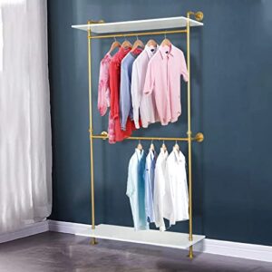 Industrial Pipe Clothing Rack, Golden Pipe Clothes Rack Wall Mounted With 2 Tier Real Wood Shelves Attach To The Wall Sturdy And Stylish Industrial Garment Rack Hold The Clothes Display The Clothes