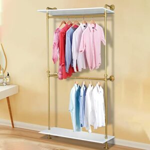 Industrial Pipe Clothing Rack, Golden Pipe Clothes Rack Wall Mounted With 2 Tier Real Wood Shelves Attach To The Wall Sturdy And Stylish Industrial Garment Rack Hold The Clothes Display The Clothes