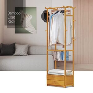 MoNiBloom Bamboo Garment Rack with Drawers and Hooks, Freestanding Clothes Racks Storage Shelving Organizer Unit for Bedroom Laundry Room Guest Room, Natural