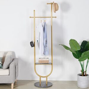 rzgy clothing garment rack with shelves and hooks, metal coat rack stand golden satin steel finish stable marble base, clothes hanging rack for entryway, living bedroom