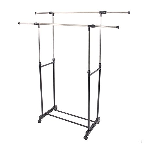 Guangshuohui Clothes Garment Rack, Double Rod Closet Double Rail Clothing Rolling Rack on Wheels and Bottom Shelves, Black & Silver (A)