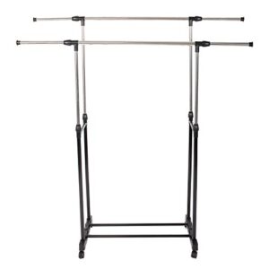 Guangshuohui Clothes Garment Rack, Double Rod Closet Double Rail Clothing Rolling Rack on Wheels and Bottom Shelves, Black & Silver (A)