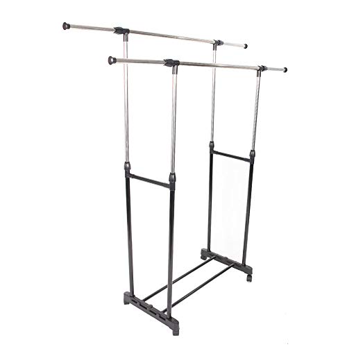 Guangshuohui Clothes Garment Rack, Double Rod Closet Double Rail Clothing Rolling Rack on Wheels and Bottom Shelves, Black & Silver (A)