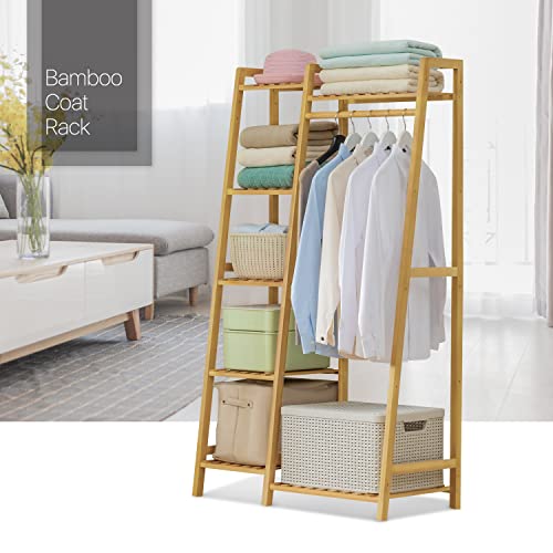 MoNiBloom Bamboo Clothing Rack with 5-Tier Storage Shelves Multi-Functional Garment Rack, Clothes Hanging Rack Stand for Bedroom Living Room, Natural