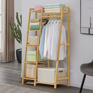 MoNiBloom Bamboo Clothing Rack with 5-Tier Storage Shelves Multi-Functional Garment Rack, Clothes Hanging Rack Stand for Bedroom Living Room, Natural