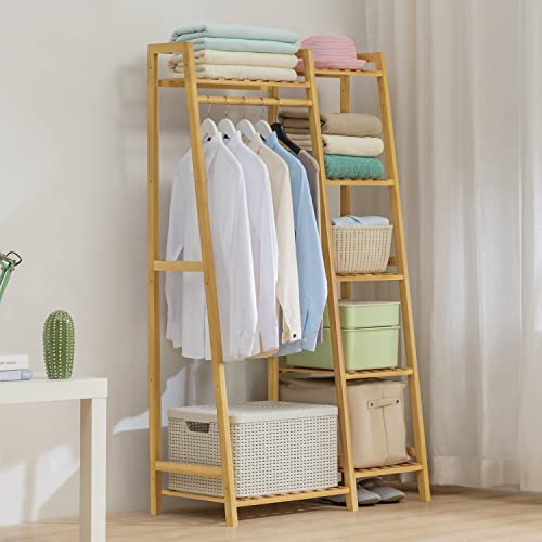 MoNiBloom Bamboo Clothing Rack with 5-Tier Storage Shelves Multi-Functional Garment Rack, Clothes Hanging Rack Stand for Bedroom Living Room, Natural