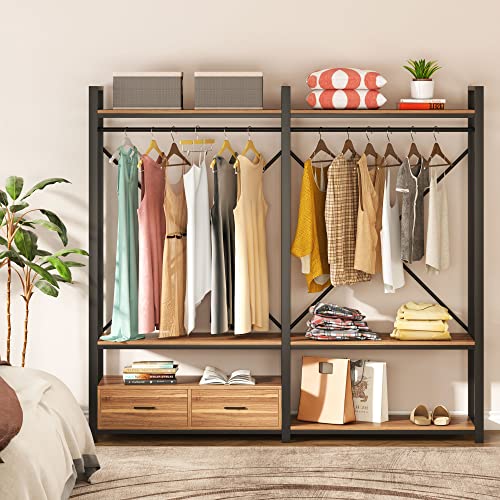 Tribesigns Free-Standing Closet Organizer, Large Clothes Organization Storage, Double Hanging Rod Clothes Garment Racks with Drawers, Clothing Storage System, Open Wardrobe for Bedroom