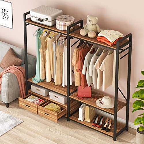 Tribesigns Free-Standing Closet Organizer, Large Clothes Organization Storage, Double Hanging Rod Clothes Garment Racks with Drawers, Clothing Storage System, Open Wardrobe for Bedroom