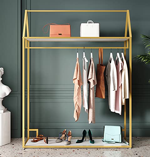 TDD Modern Clothing Rack Gold with 2 Shelves Free-Standing Garment Rack Heavy Duty Retail Display Clothes Racks for Hanging Clothes Boutique Home