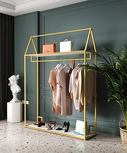 TDD Modern Clothing Rack Gold with 2 Shelves Free-Standing Garment Rack Heavy Duty Retail Display Clothes Racks for Hanging Clothes Boutique Home