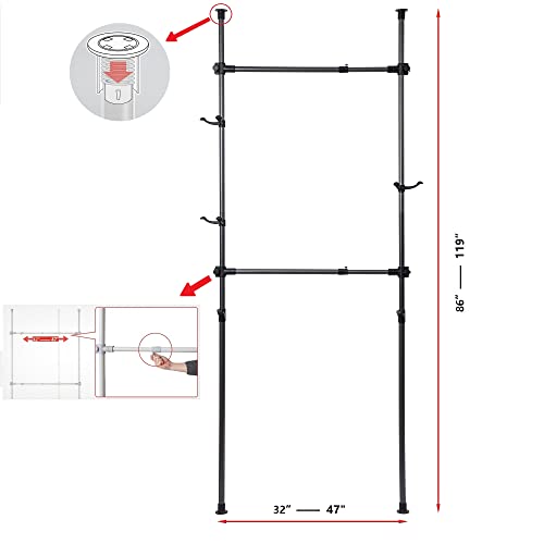 NOORDENIYA Adjustable Clothing Rack, Double Rod Closet System, Freestanding 2 Tier Floor to Ceiling Clothes Hanger, Hanger for Hanging Clothes, Clothes Organizer for Living Room, Bedroom (White)