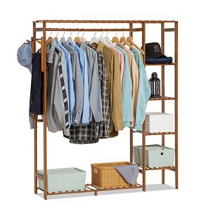 monibloom bamboo clothes rack, 6 tier garment clothing storage shelving with pants scarves racks and a hanging rob for bedroom living room, brown